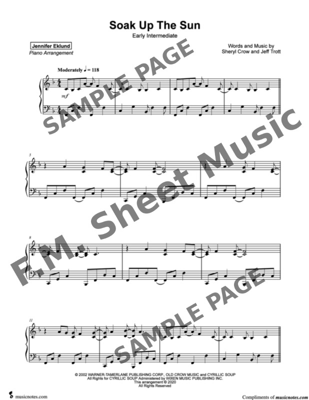 Soak Up The Sun (Early Intermediate Piano) By Sheryl Crow - F.M. Sheet Music - Pop Arrangements ...